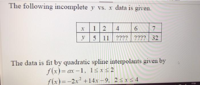 Solved The following incomplete y vs. x data is given. x 12 | Chegg.com