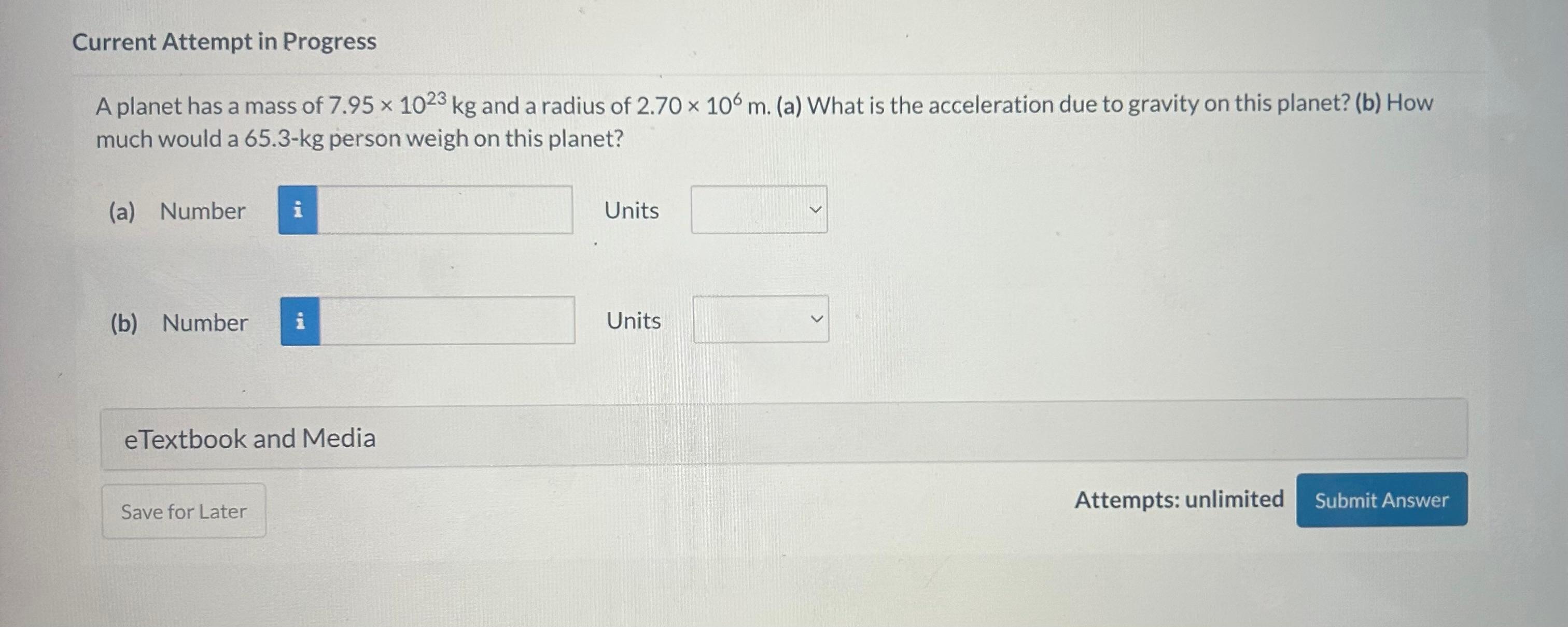 Solved Current Attempt in ProgressA planet has a mass of | Chegg.com