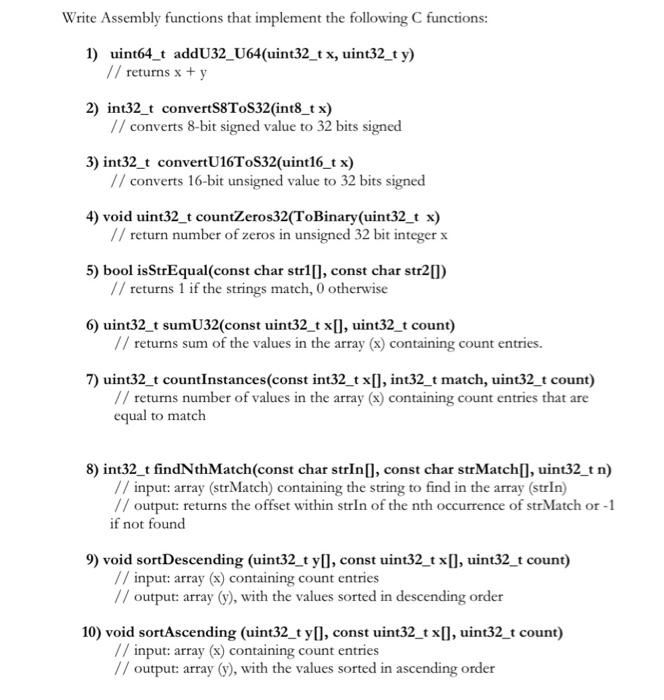 Solved Write Assembly functions that implement the following | Chegg.com