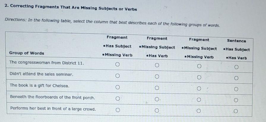 Solved 2. Correcting Fragments That Are Missing Subjects or | Chegg.com