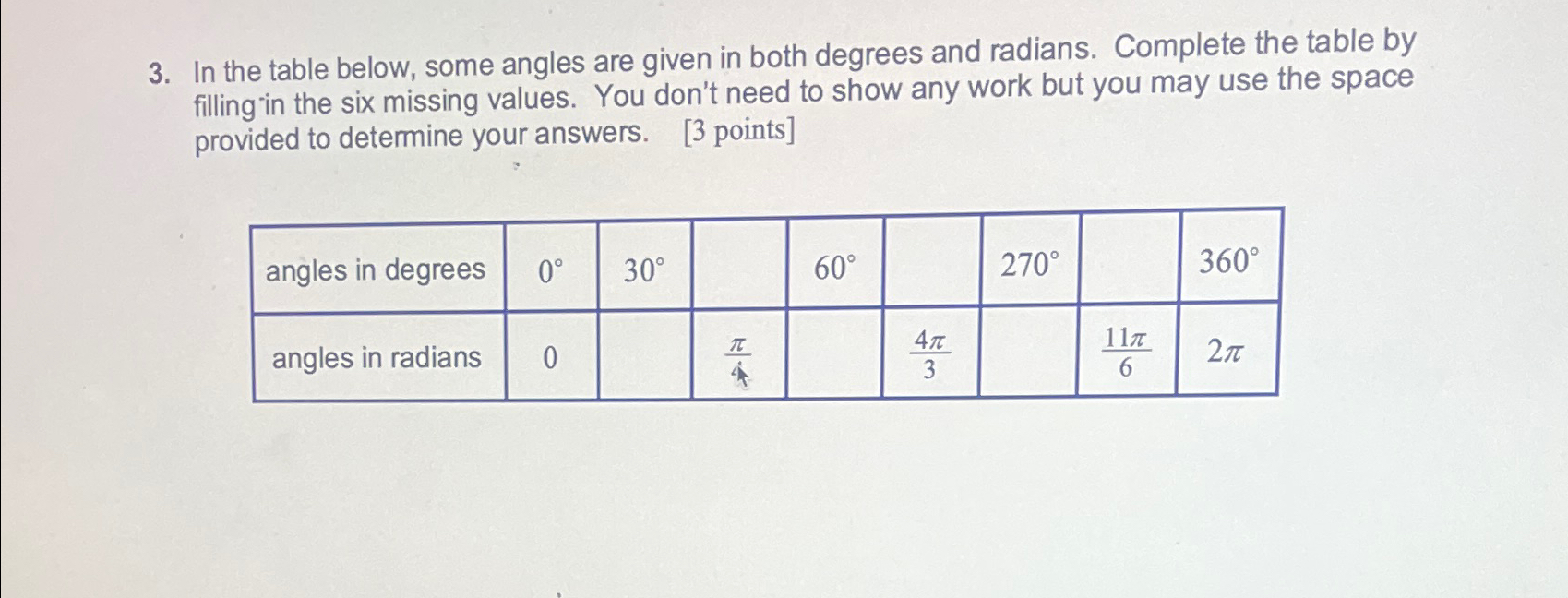 Solved In the table below, some angles are given in both | Chegg.com