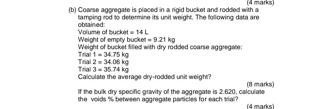Solved (b) ﻿Coarse aggregate is ﻿placed in ﻿a rigid bucket | Chegg.com