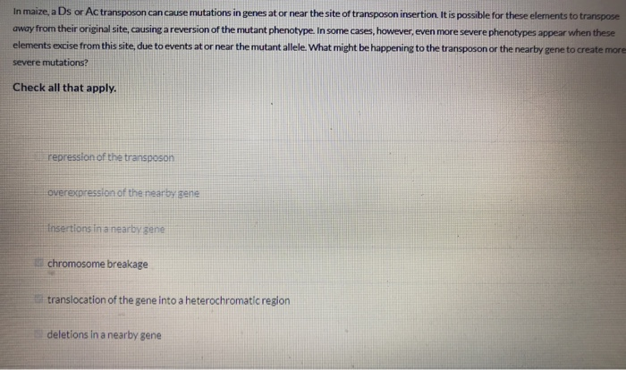 Solved In maize, a Ds or Ac transposon can cause mutations | Chegg.com