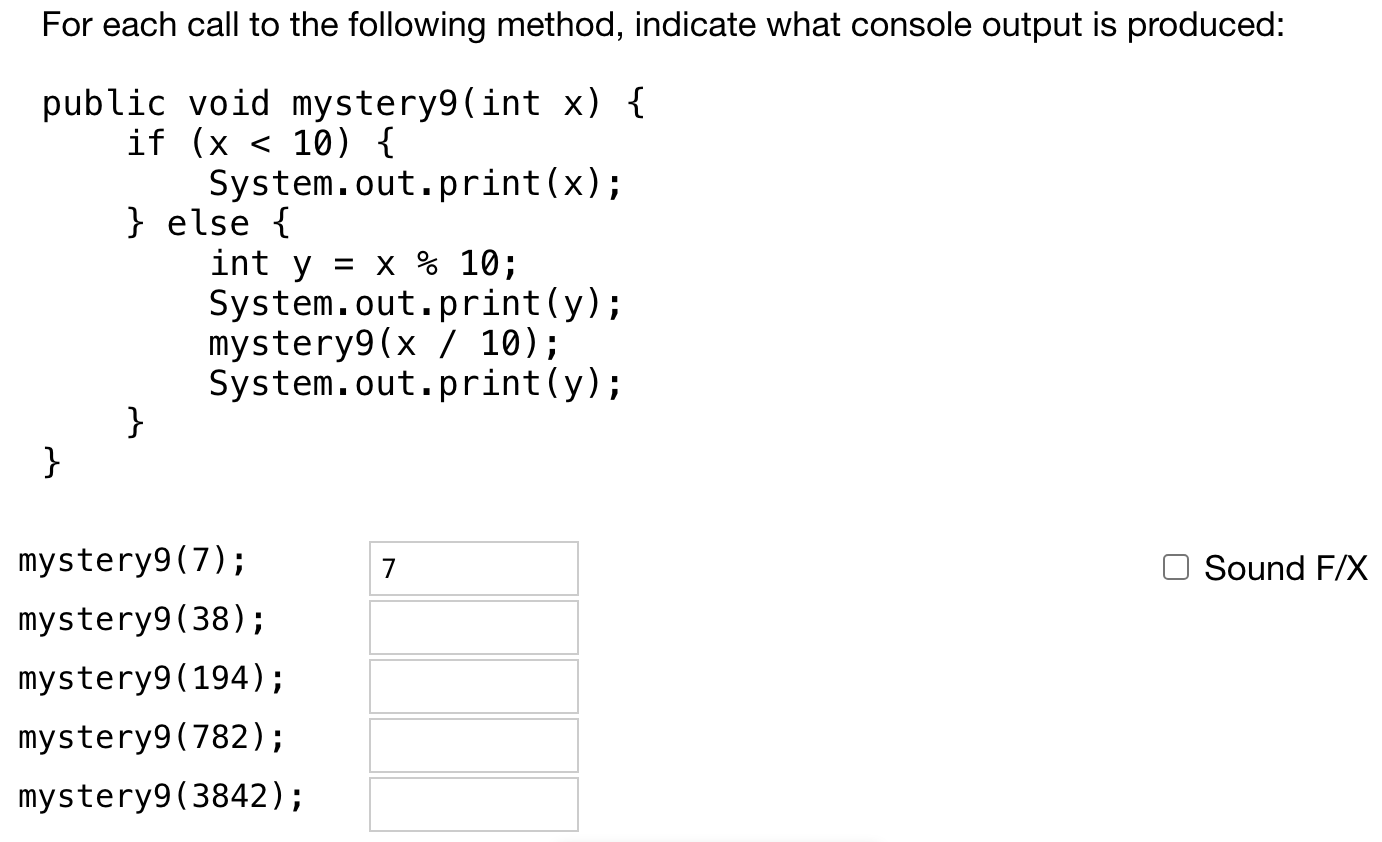 Solved For each call to the following method, indicate what | Chegg.com