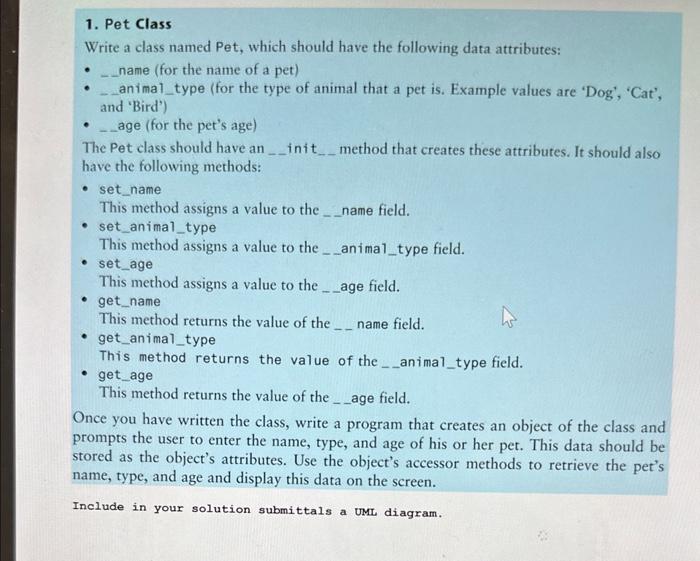 Write a class named Pet, which should have the | Chegg.com
