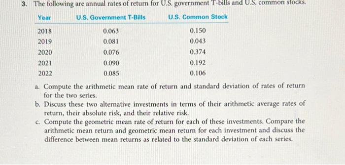 Solved a. Compute the arithmetic mean rate of return and | Chegg.com
