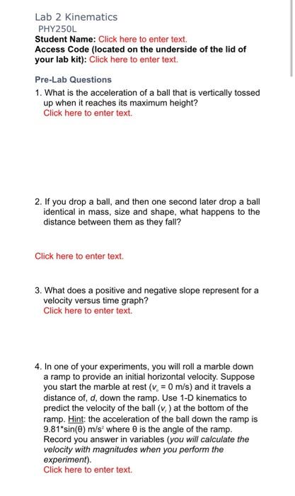 Solved Lab 2 Kinematics PHY250L Student Name: Click here to | Chegg.com