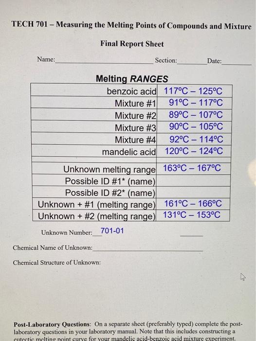 Solved TECH 701 - Measuring the Melting Points of Compounds | Chegg.com