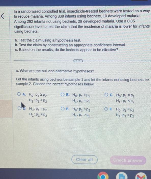 Solved In a randomized controlled trial, insecticide-treated | Chegg.com