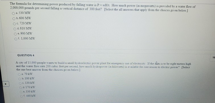 Solved The formula for determining power produced by falling | Chegg.com