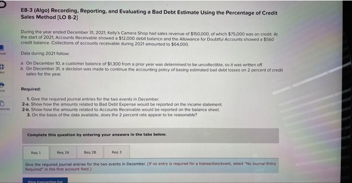 Solved E8-3 (Algo) Recording, Reporting, and Evaluating a | Chegg.com