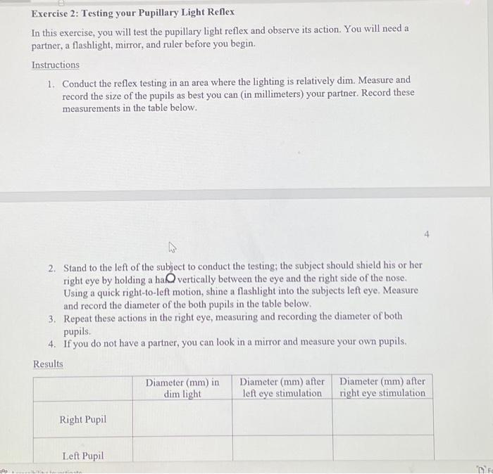 Exercise 2: Testing your Pupillary Light Reflex In | Chegg.com