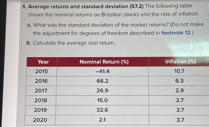 Solved 8. Average returns and standard deviation (S7.2) The | Chegg.com