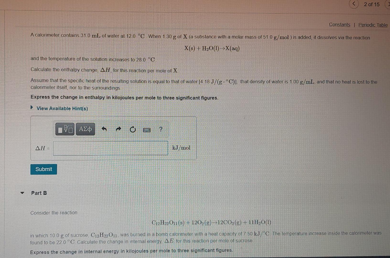 Solved V 2 of 15 Constants Periodic Table A calorimeter | Chegg.com