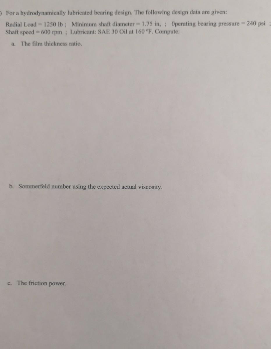 Solved For a hydrodynamically lubricated bearing design. The | Chegg.com