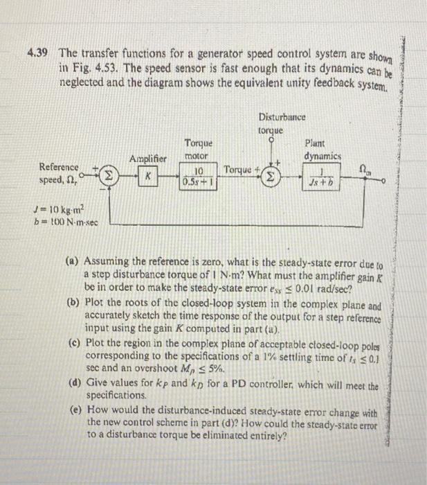 Solved 4.39 The transfer functions for a generator speed | Chegg.com