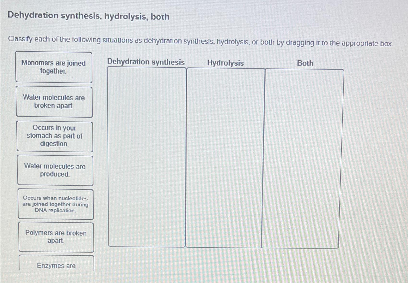 Solved Dehydration synthesis, hydrolysis, bothClassify each | Chegg.com Solved Dehydration synthesis, hydrolysis, bothClassify each | Chegg.com