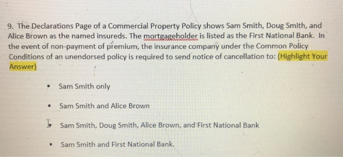 Solved 9. The Declarations Page of a Commercial Property | Chegg.com