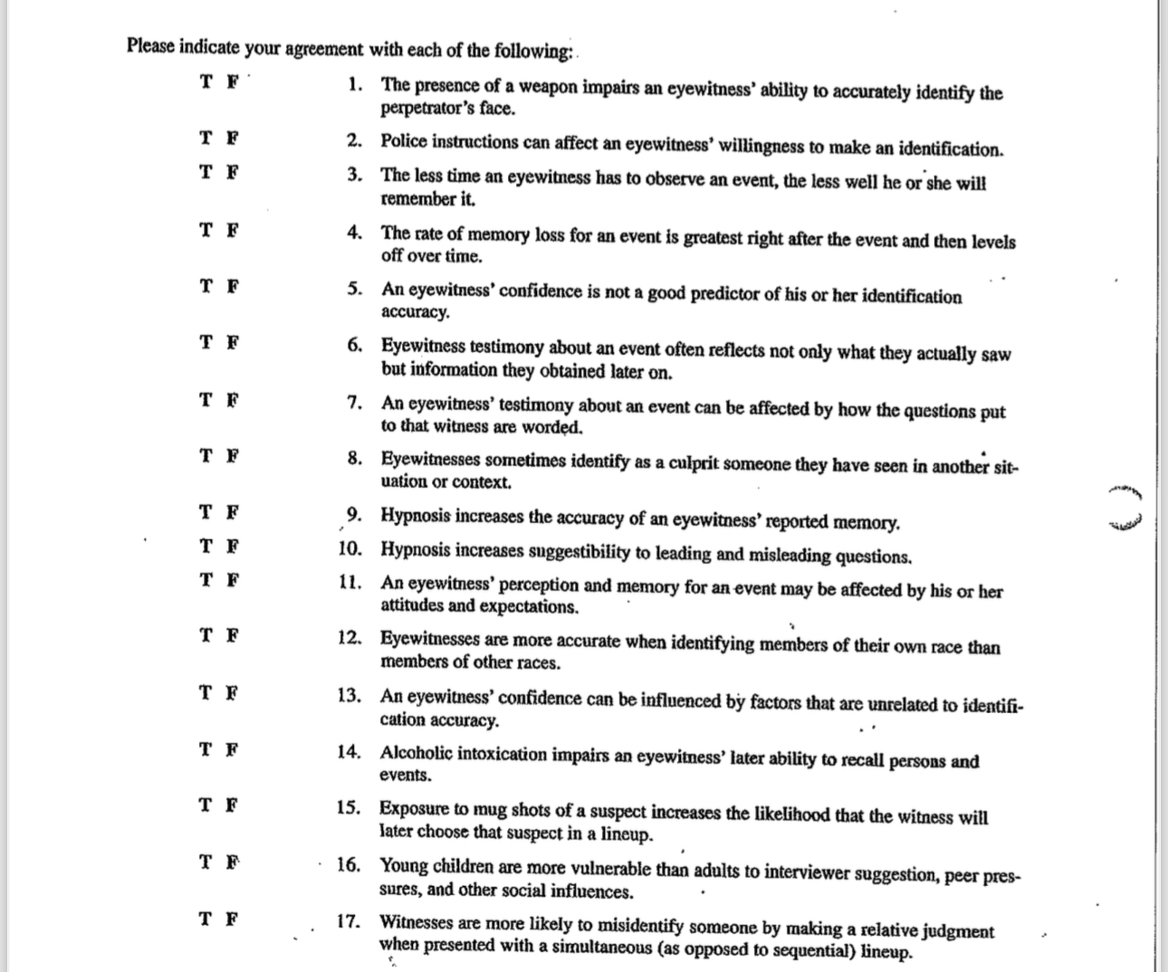 Solved Please indicate your agreement with each of the | Chegg.com