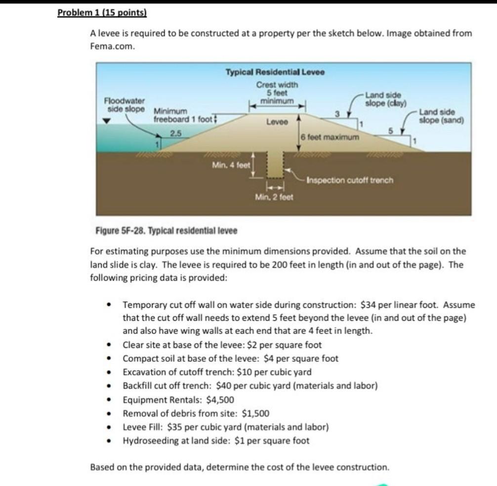 Problem 1 (15 points) A levee is required to be | Chegg.com