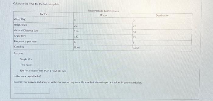 Calculate the RWL for the following data. Assarne: | Chegg.com
