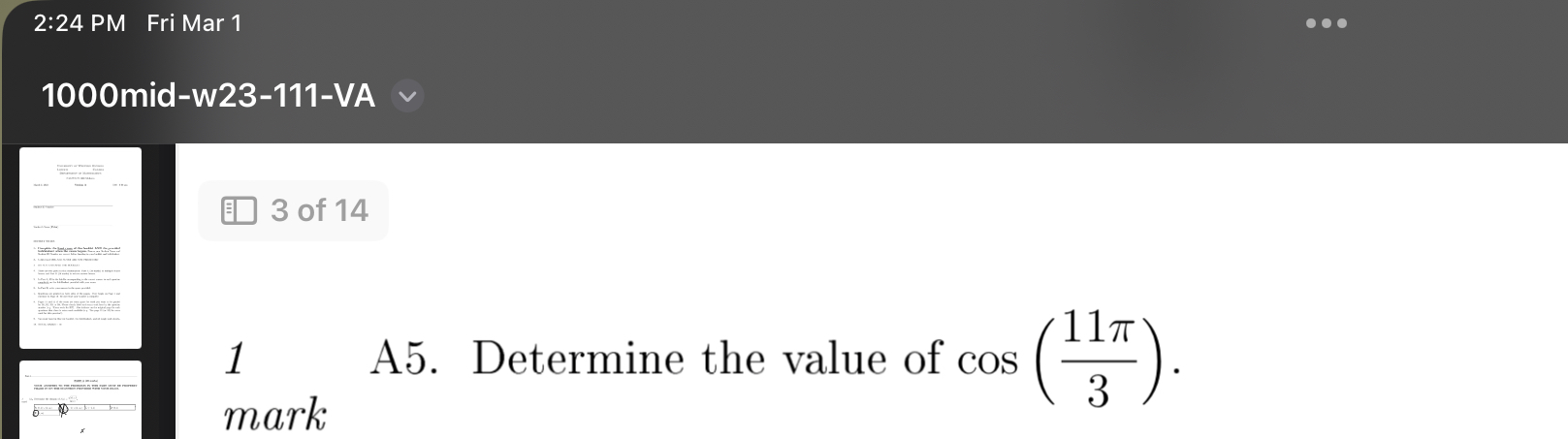 Solved A5 ﻿Determine the value of cos(11π3).mark | Chegg.com