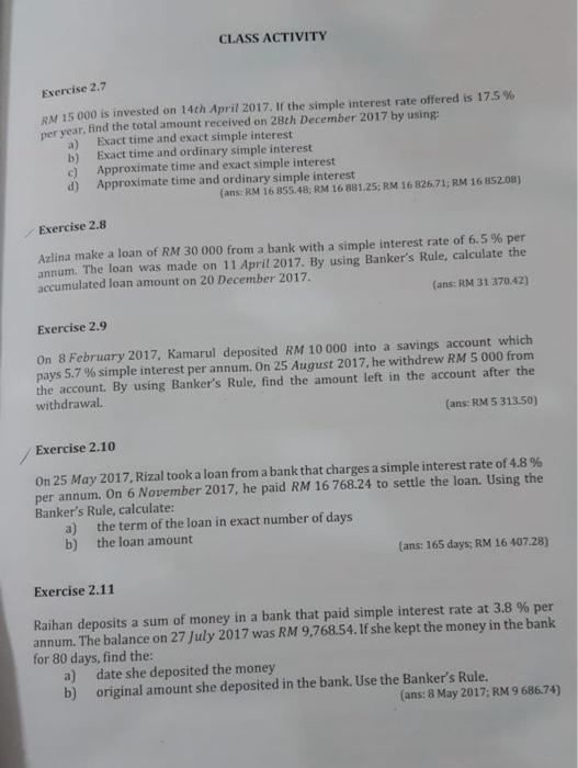 Solved Exercise 2.7 RM 15000 is invested on 14th April 2017 | Chegg.com