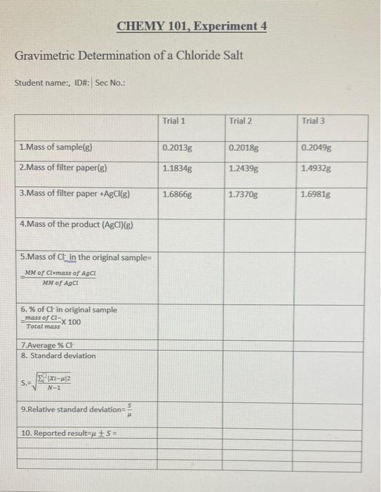 Solved CHEMY 101, Experiment 4 Gravimetric Determination of | Chegg.com