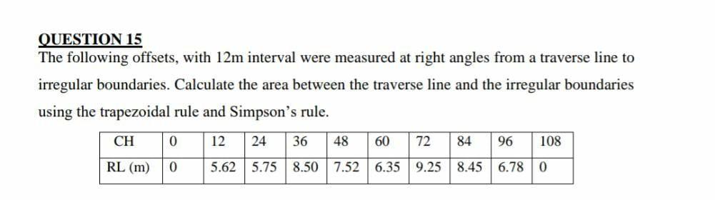 Solved OUESTION 15 The following offsets, with 12 m interval | Chegg.com