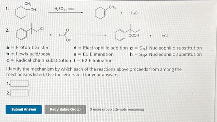 Solved 1. 2. + a = Proton transfer d= Electrophilic addition | Chegg.com