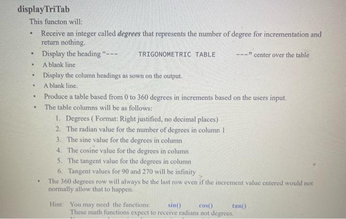 Solved The program will print a table of trigonometric | Chegg.com