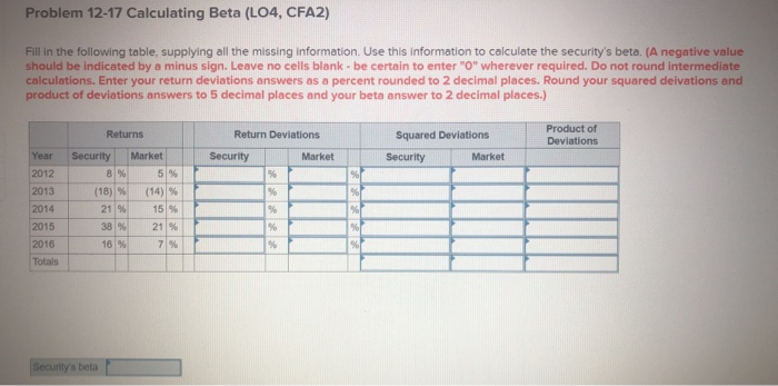 Solved Problem 12-17 Calculating Beta (LO4, CFA2) Fill in | Chegg.com