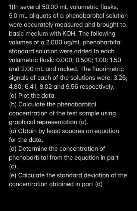 Solved 1) In several 50.00 mL volumetric flasks, 5.0 mL | Chegg.com