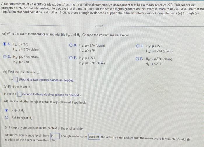 Solved A random sample of 77 eighth grade students' scores | Chegg.com