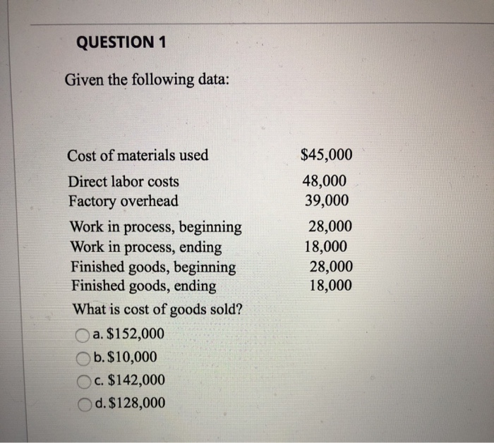 Solved QUESTION 1 Given the following data: Cost of | Chegg.com