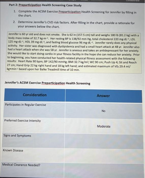 Solved Part 2: Preparticipation Health Screening Case Study | Chegg.com