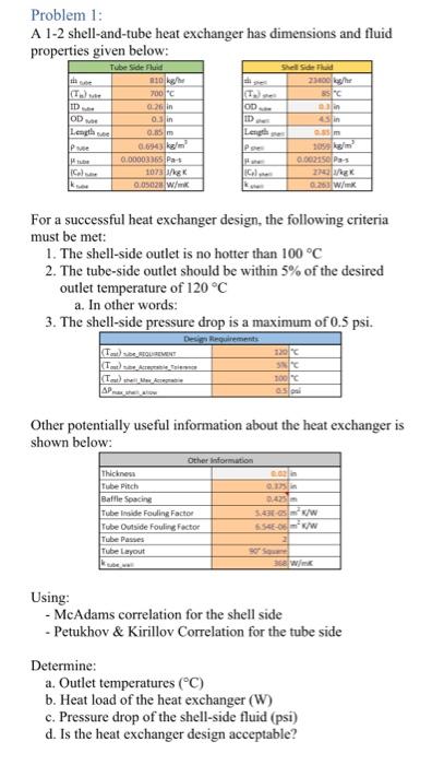 Problem 1: A 1-2 shell-and-tube heat exchanger has | Chegg.com