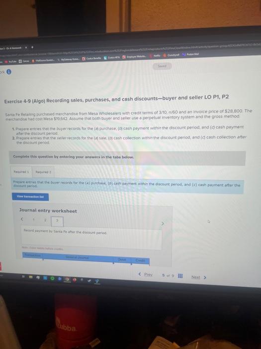 Exercise 4.9 (Algo) Recording sales, purchases, and | Chegg.com