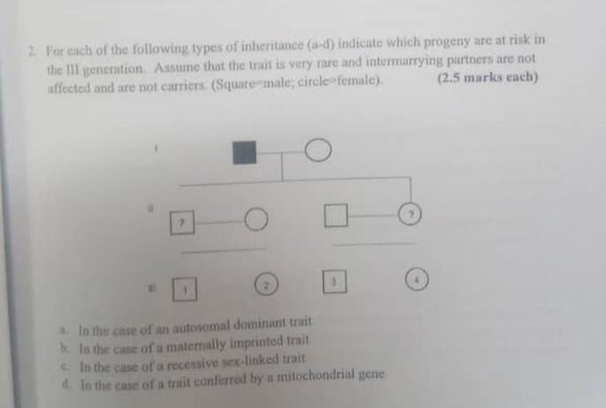 Solved 2. For cach of the following types of inheritance | Chegg.com
