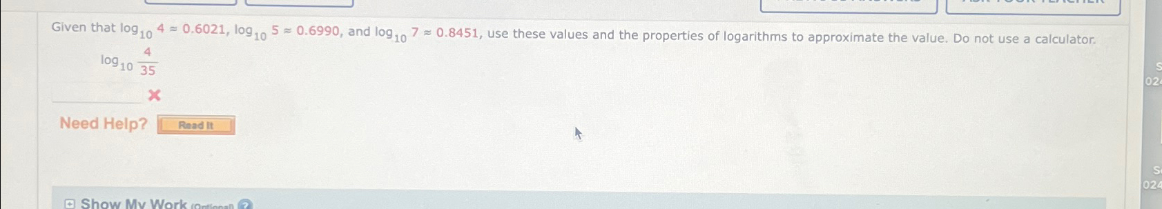 Given that log104~~0.6021,log105~~0.6990, ﻿and | Chegg.com