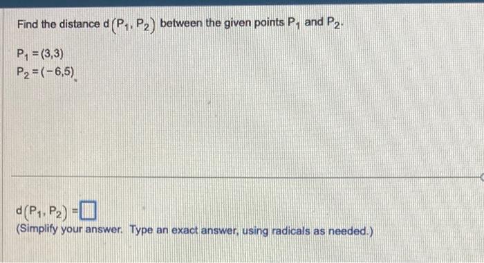Solved Find the distance d(P1,P2) between the given points | Chegg.com