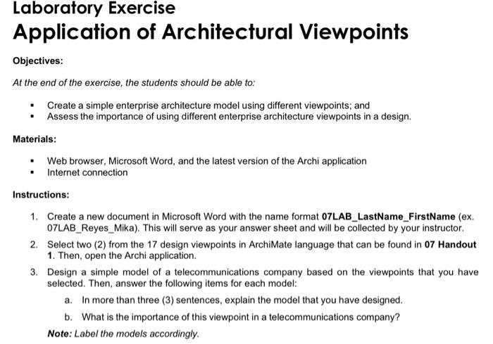 Solved Laboratory Exercise Application of Architectural | Chegg.com