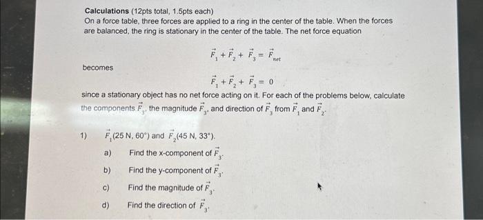 Solved Calculations (12pts total, 1.5pts each) On a force | Chegg.com