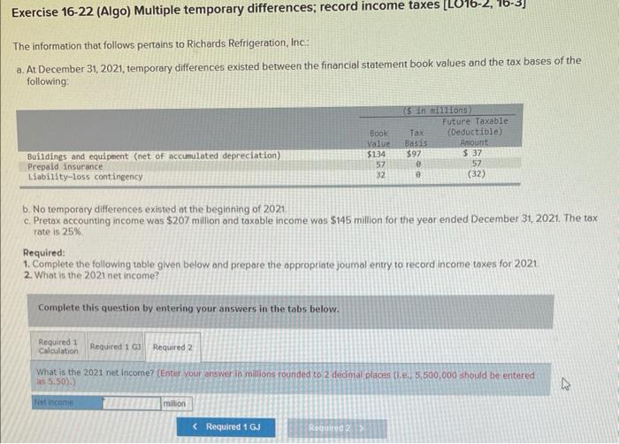 Solved Exercise 16-22 (Algo) Multiple temporary differences; | Chegg.com