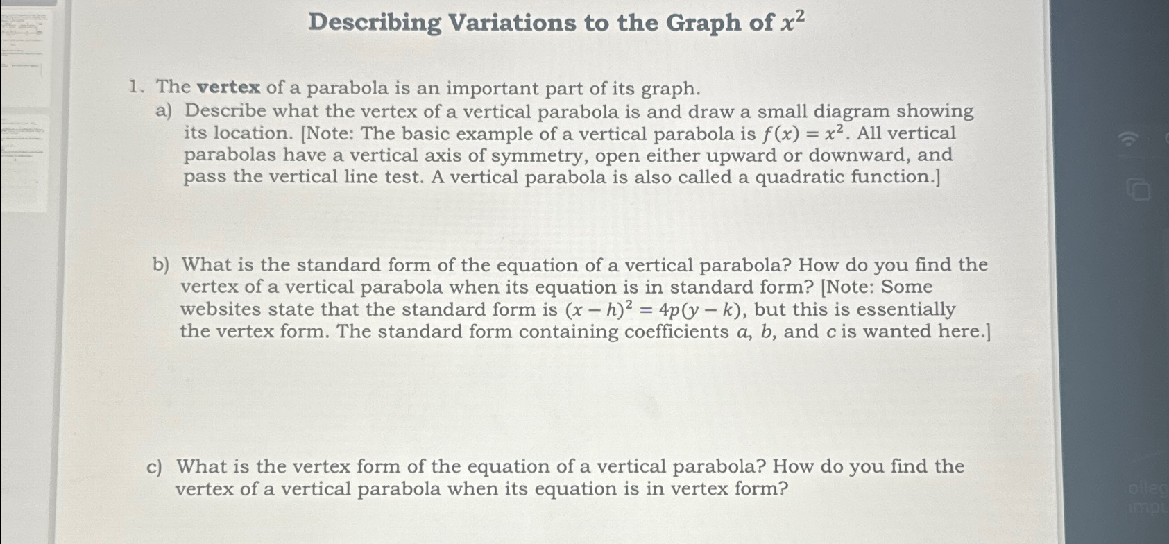 Solved Describing Variations to the Graph of x2The vertex of | Chegg.com