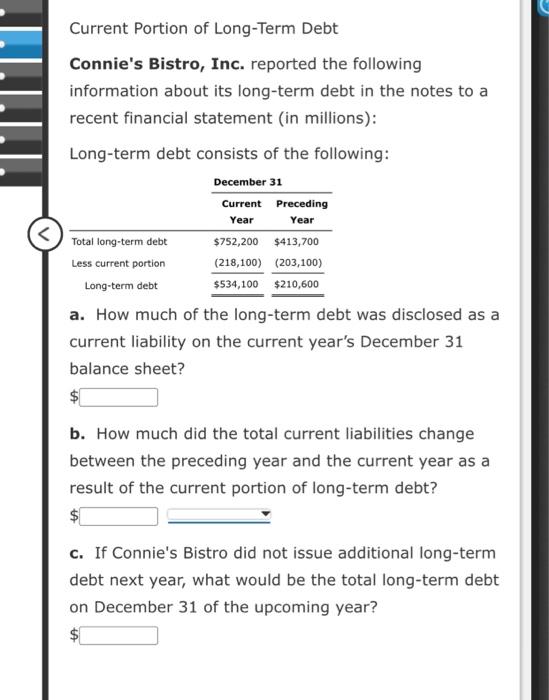 Solved Current Portion of Long-Term Debt Connie's Bistro, | Chegg.com