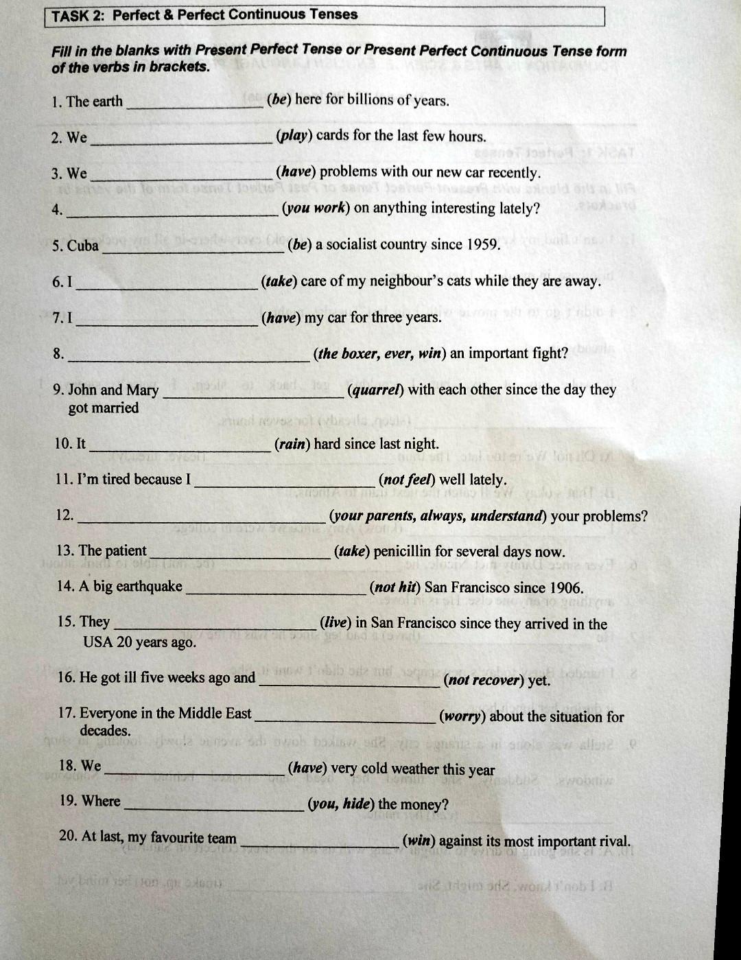 Solved TASK 2: Perfect & Perfect Continuous Tenses Fill in | Chegg.com