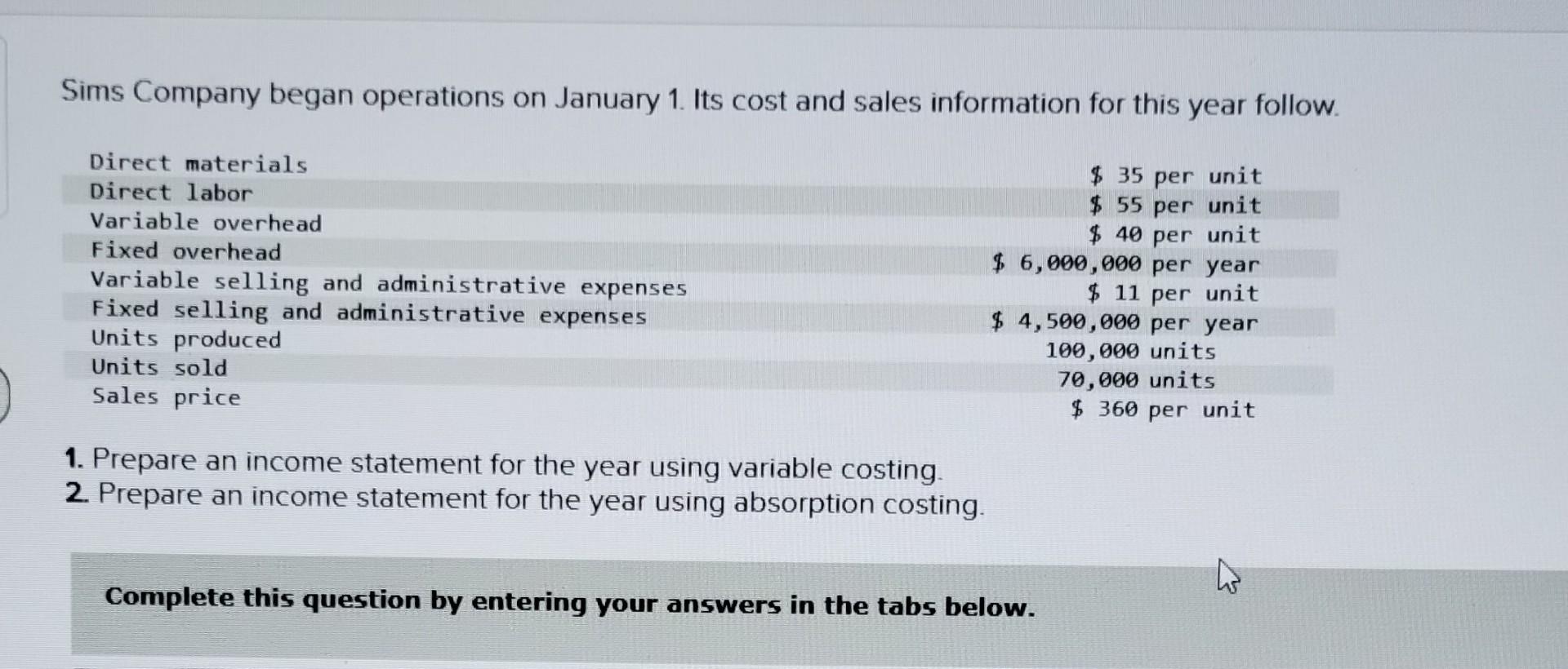 Solved Sims Company began operations on January 1. Its cost | Chegg.com