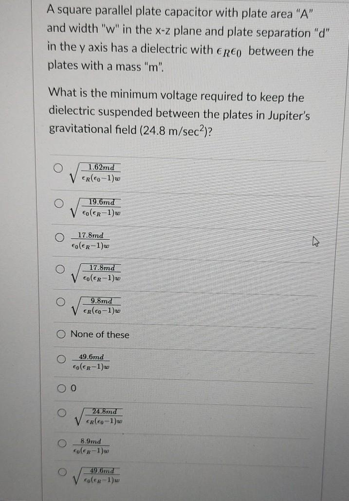 Solved A square parallel plate capacitor with plate area "A" | Chegg.com