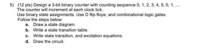 Solved 5) (12 pts) Design a 3-bit binary counter with | Chegg.com